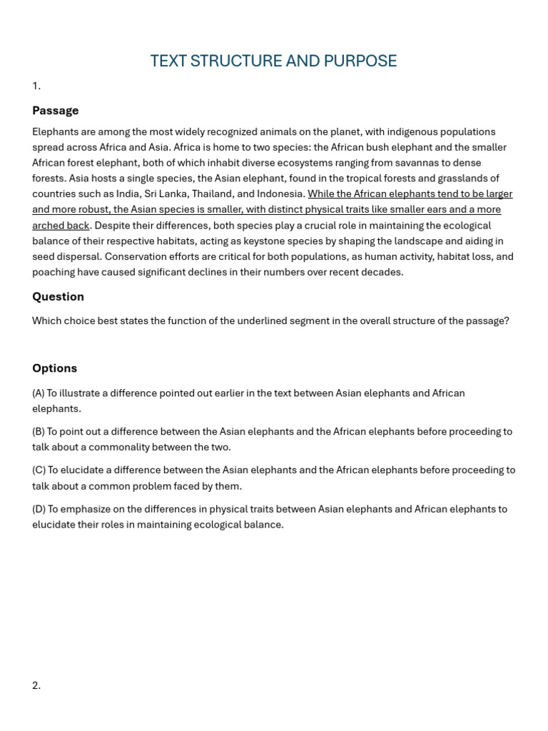 Day 2 Text Purpose Function Questions | PDF | Elephant | Ecology