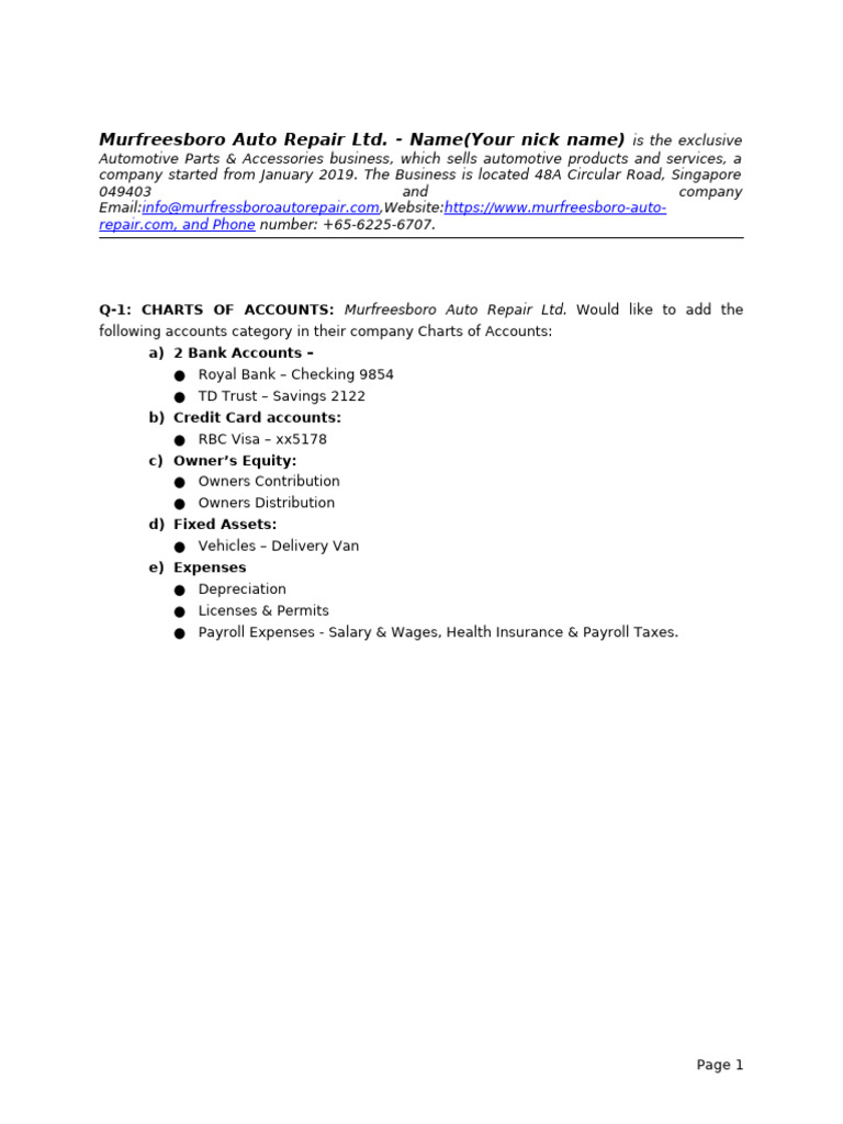 Auto Repair Ltd. Charts of Accounts | PDF