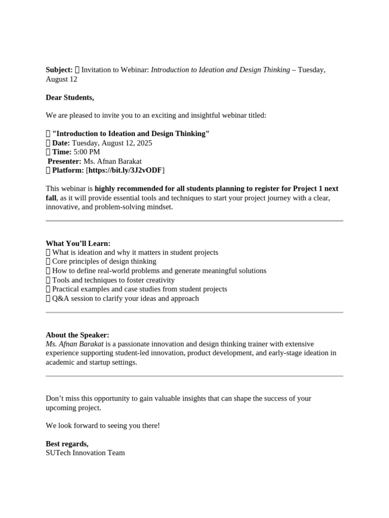 Innovation Webinar 2 Student Email Invitation Content | PDF
