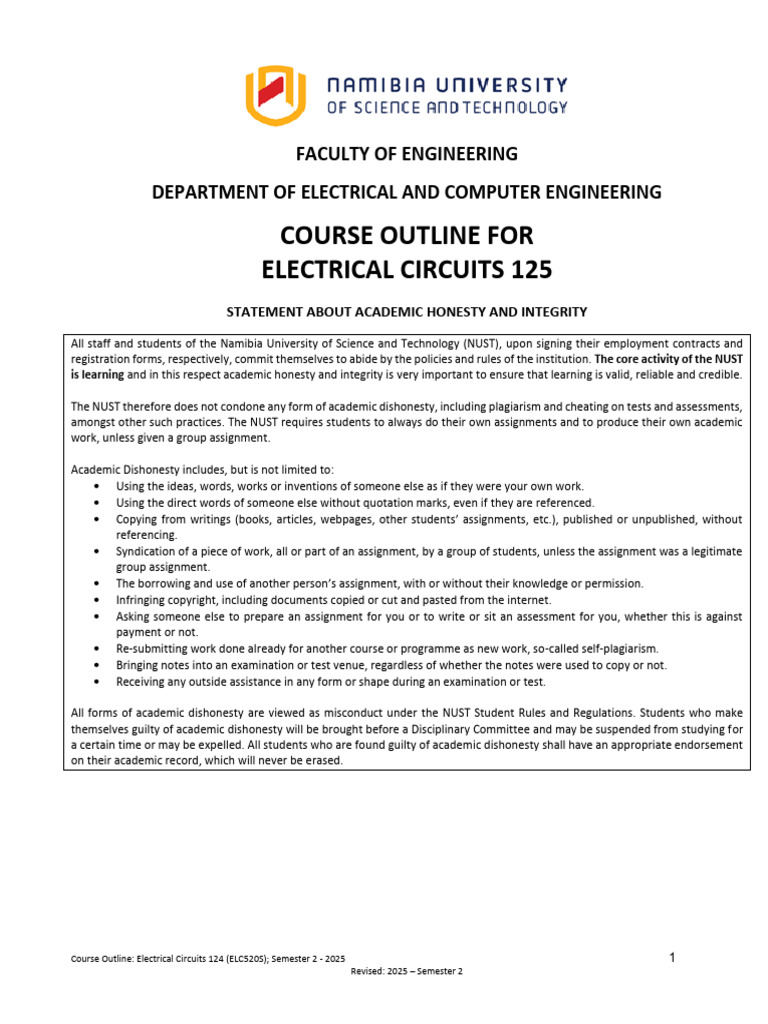 ELC520S Electrical Circuits 125 Course Outline Semester 2 2025 | PDF ...