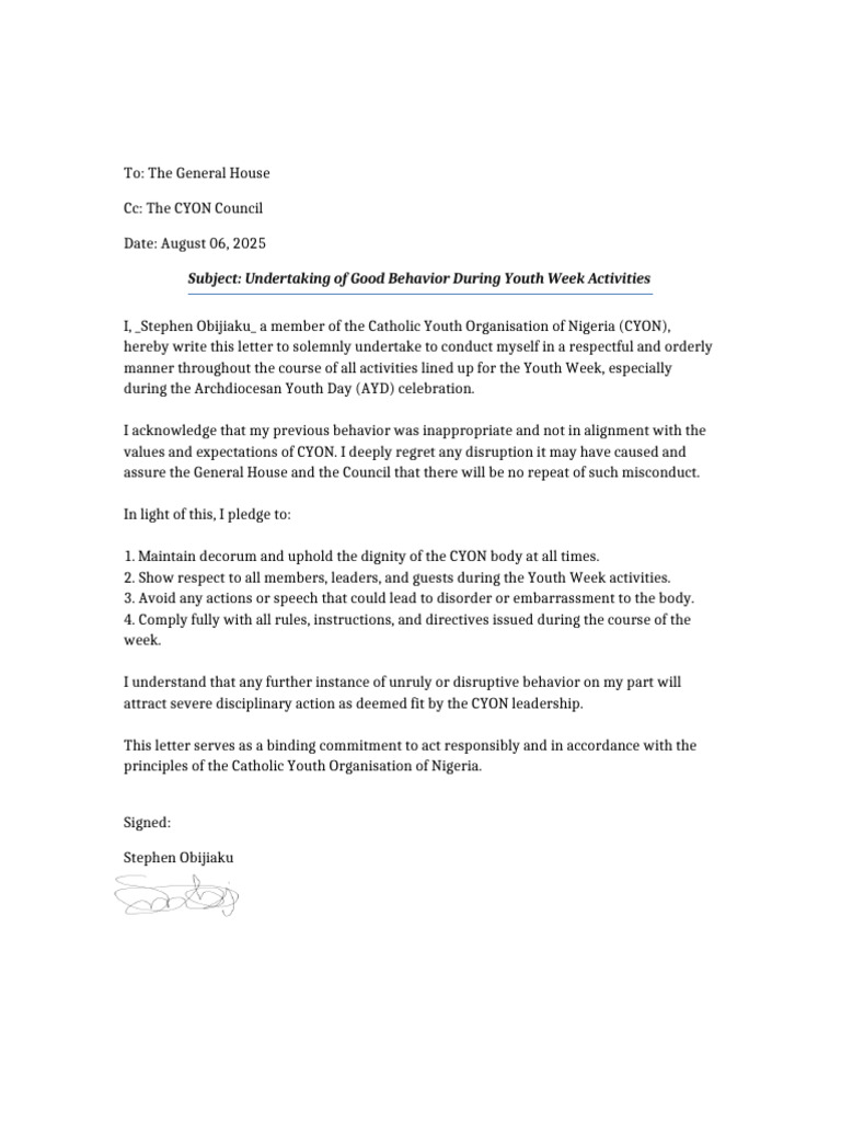 Undertaking of Good Behavior CYON 2 | PDF