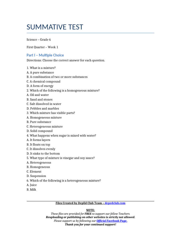 Summ - Test Science 6 q1 w1 | PDF | Mixture | Chemistry