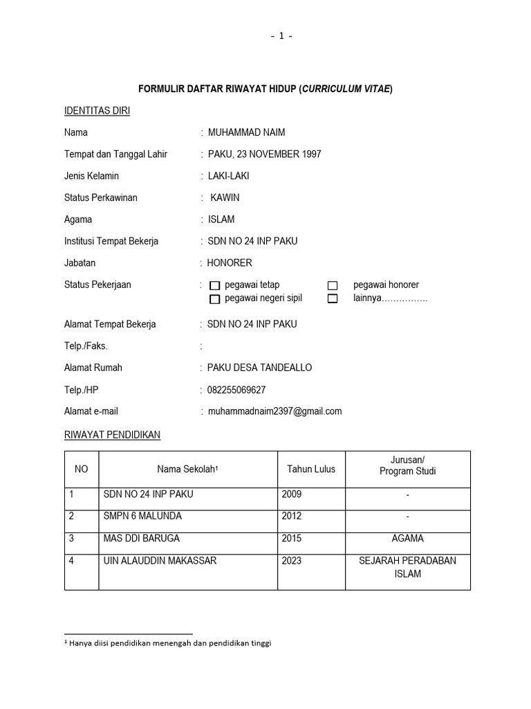 Formulir Daftar Riwayat Hidup Pemohon Naim | PDF