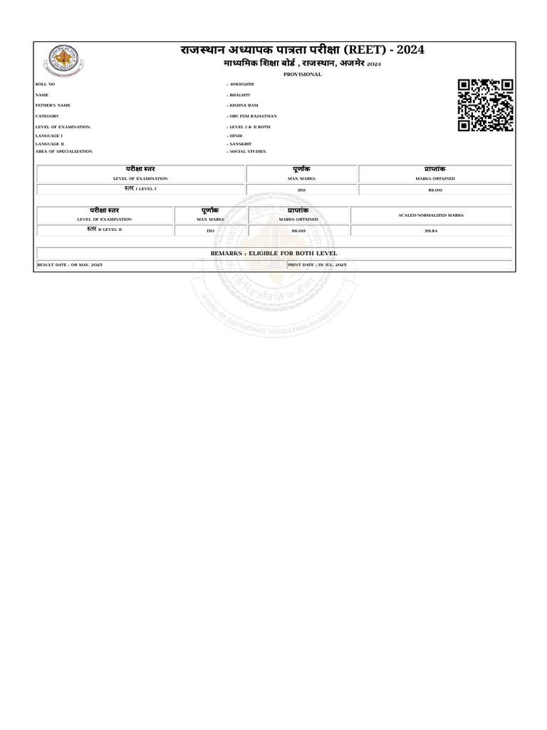 BLMT Reet-2024 Result | PDF