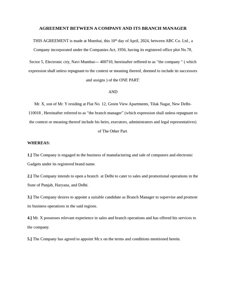 Agreement Between A Company and Its Branch Manager | PDF | Justice | Crime & Violence