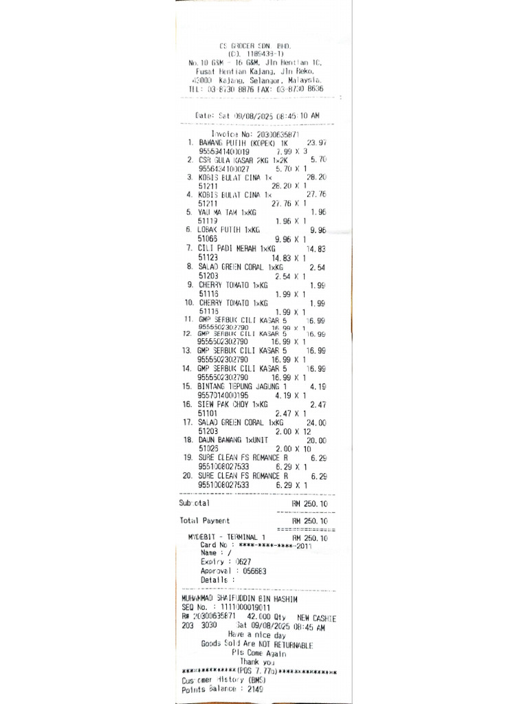 Cs Grocer SDN BHD (Rm250.10) | PDF