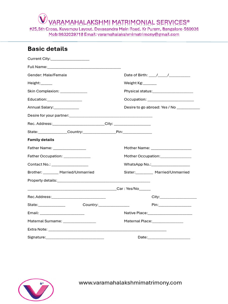 Varamahalakshmi Matrimonial Services Form | PDF