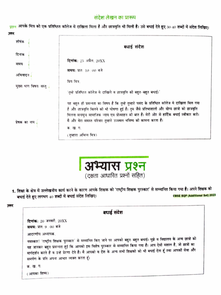 Sandesh Lekhan Format for Class 10 | PDF
