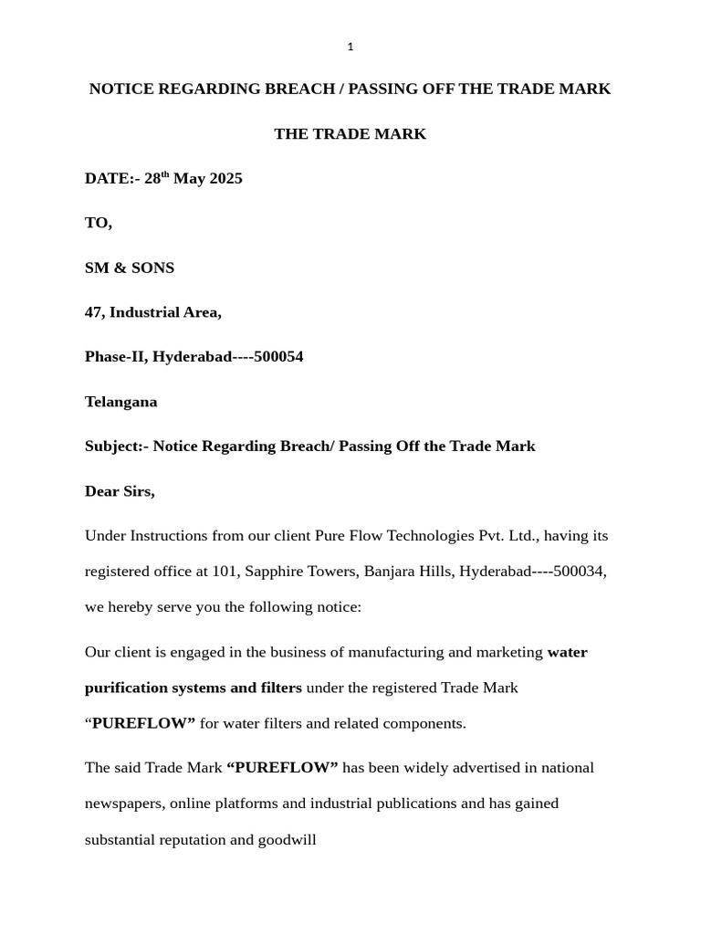 Notice of Trademark Infringement: PureFlow | PDF | Trademark | Brand