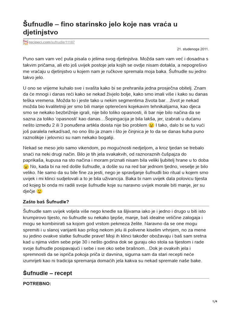 Šufnudle Fino Starinsko Jelo Koje Nas Vraća U Djetinjstvo | PDF