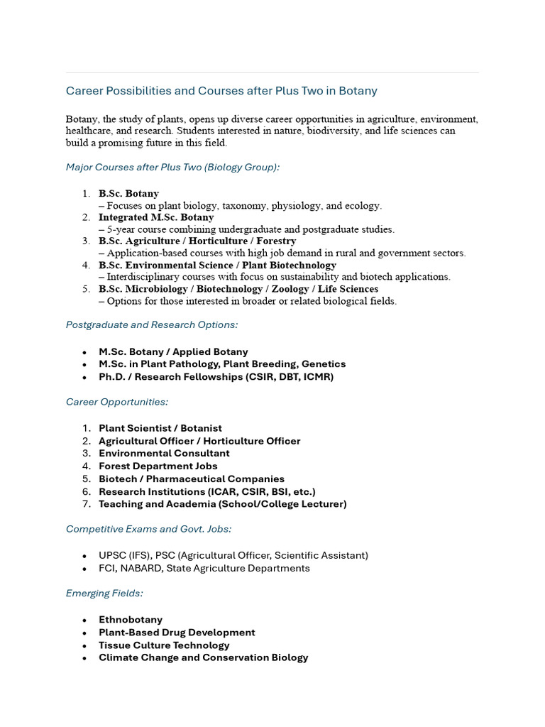 Botany Careers and Courses After Plus Two | PDF