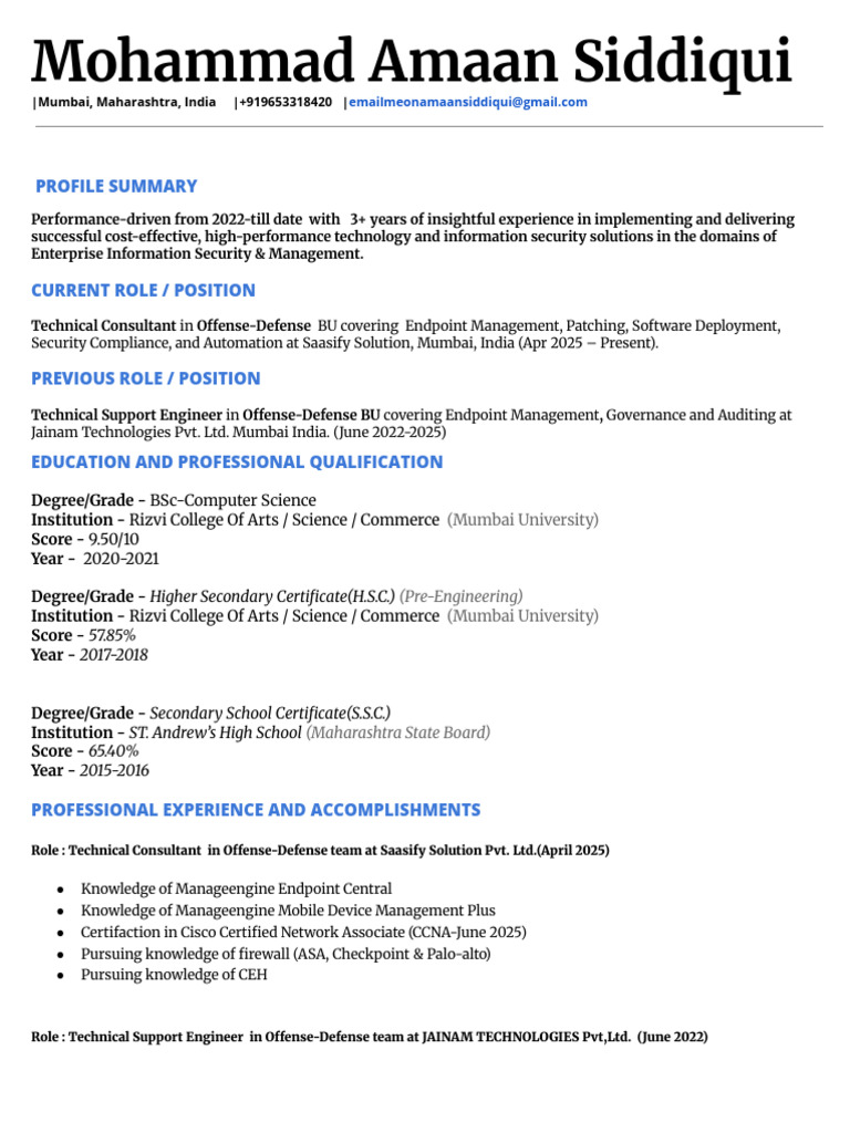 CV - Mohammad Amaan Siddiqui - 3-Aug-2025 | PDF | Computer Architecture | Computer Science
