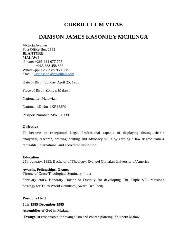 2025 Curriculum Vitae Attachment | PDF | Malawi | Evangelism