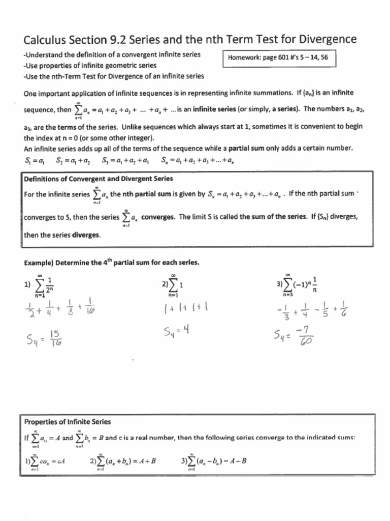 9.2 Series and The NTH Term Test For Divergence Notes | PDF