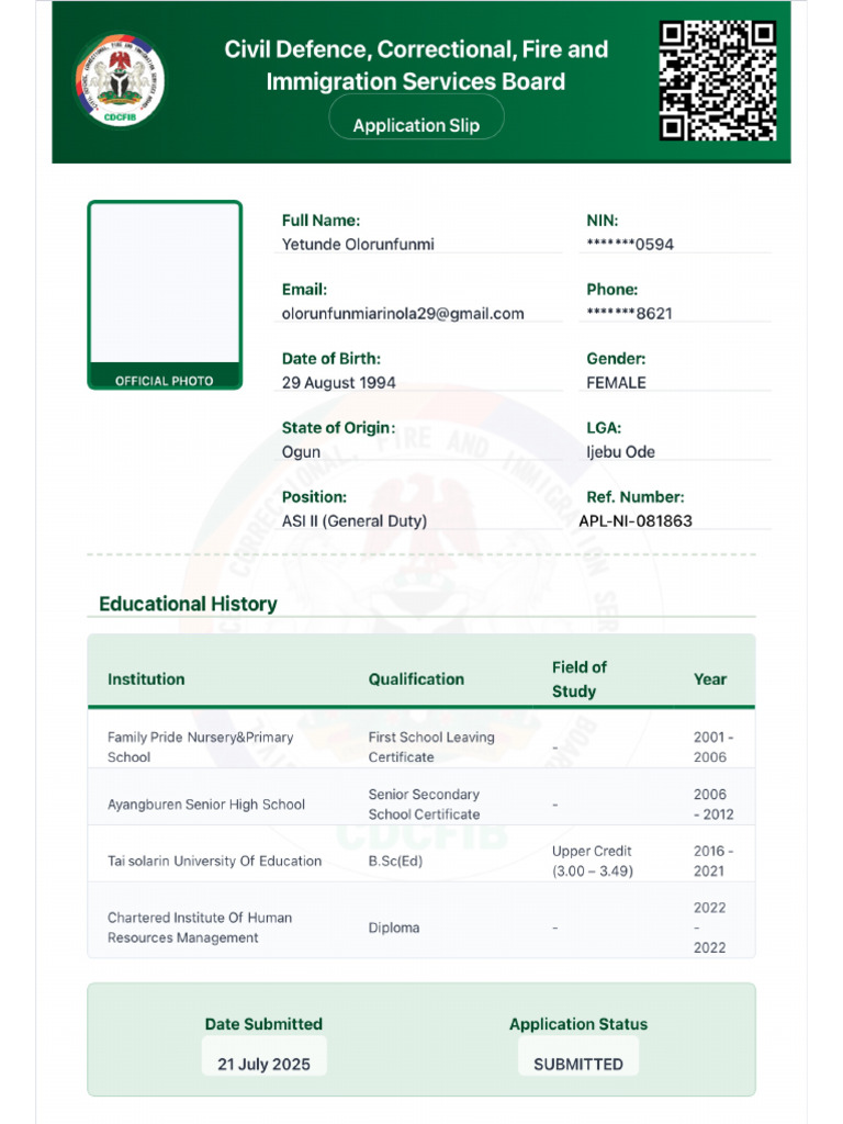 Yetunde Arinola Olorunfunmi Application Slip | PDF