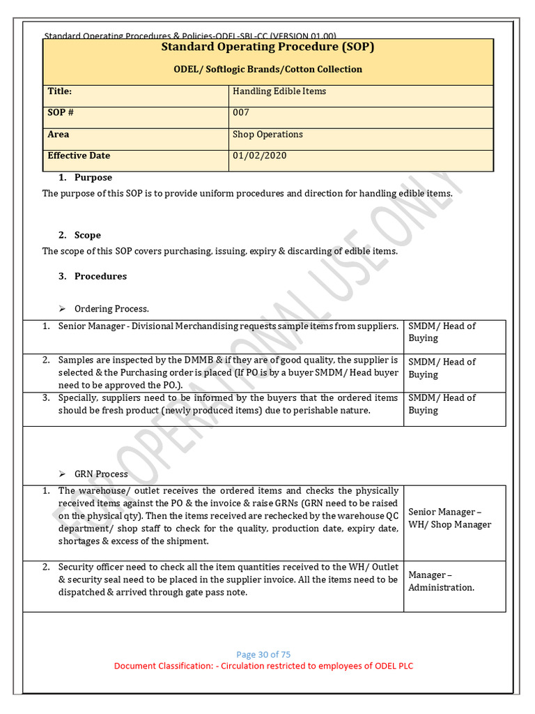 Edible Items Handling SOP for ODEL | PDF | Invoice | Warehouse