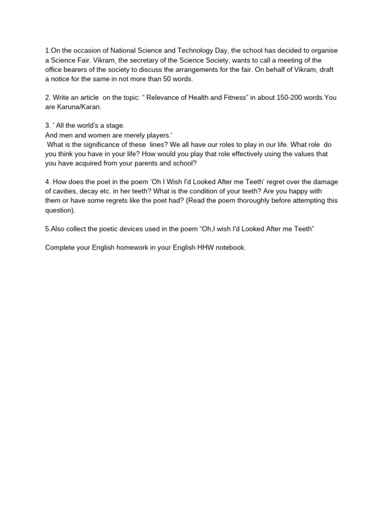 Class IX (English) HHW. | PDF