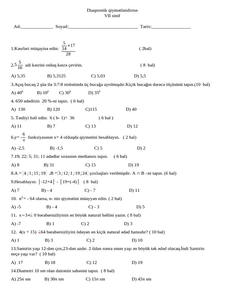Diaqnostik 7-Ci Sinif | PDF