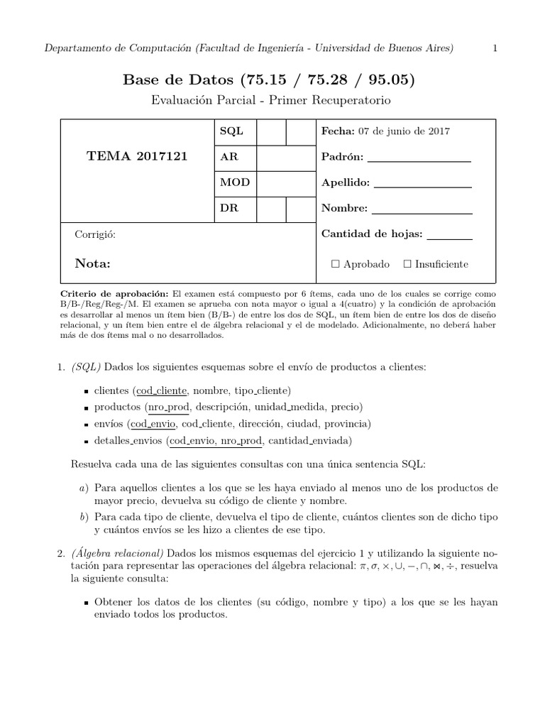 Base de Datos (75.15 / 75.28 / 95.05) : TEMA 2017121 | PDF | SQL | Base de datos relacional