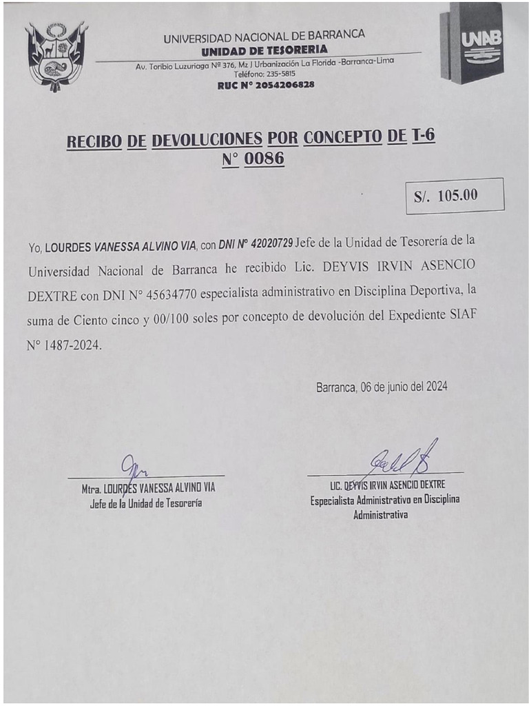 Recibo de Devolución Por Concepto Participacion Fedup Atletismo 2024 | PDF