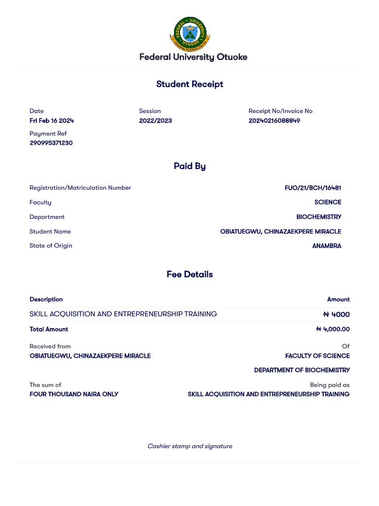 Federal University Otuoke Student Receipt: Date Session Receipt No ...