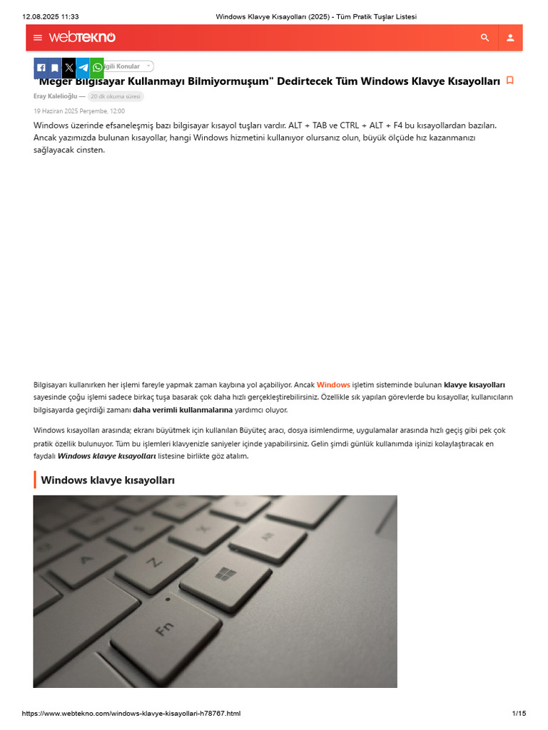 Windows Klavye Kısayolları (2025) - Tüm Pratik Tuşlar Listesi | PDF