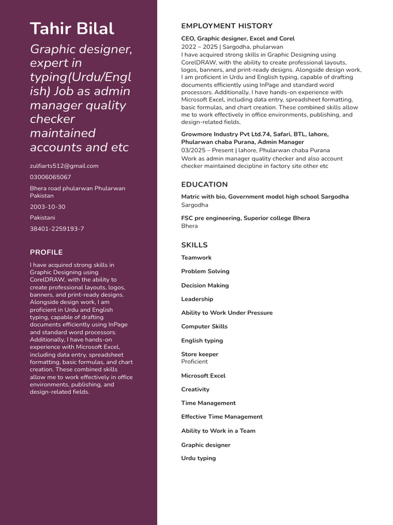 Tahir Bilal FlowCV Resume 20250730 | PDF | Microsoft Excel | Application Software