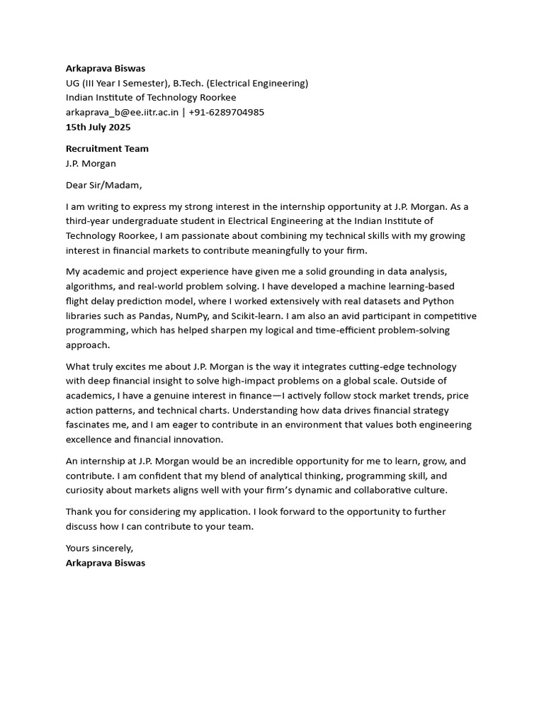 Cover Letter JPMC | PDF