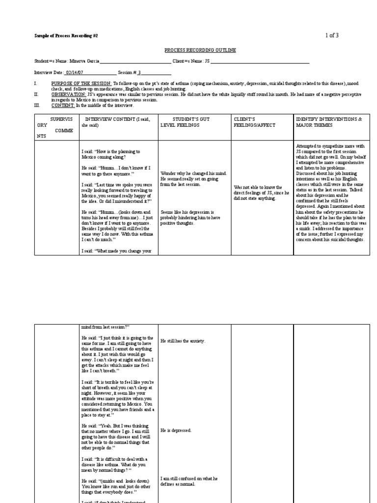 Sample of Process Recording #2 | PDF | Affect (Psychology) | Emotions