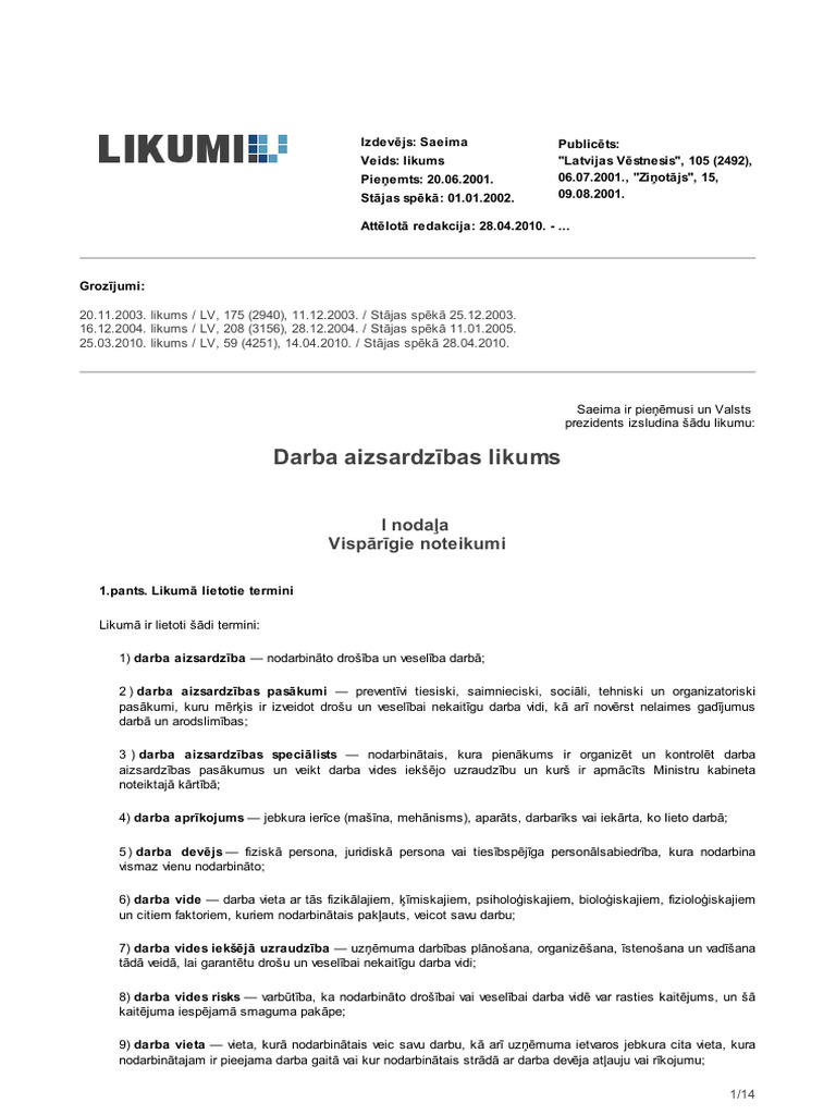 Darba aizsardzibas likums Labor Protection Law of the Latvian Republic ...