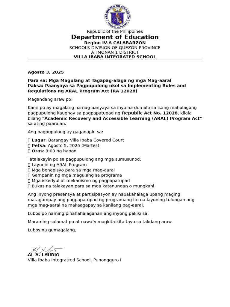 Aral Program Communication Letter | PDF