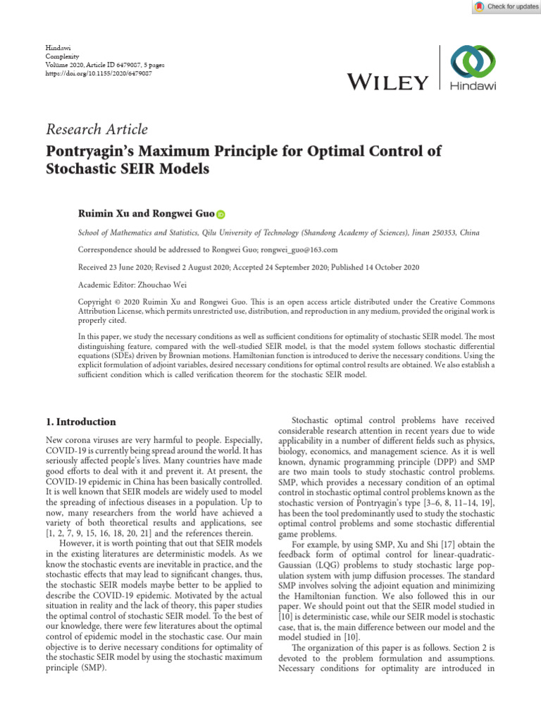 Complexity - 2020 - Xu - Pontryagin S Maximum Principle For Optimal ...