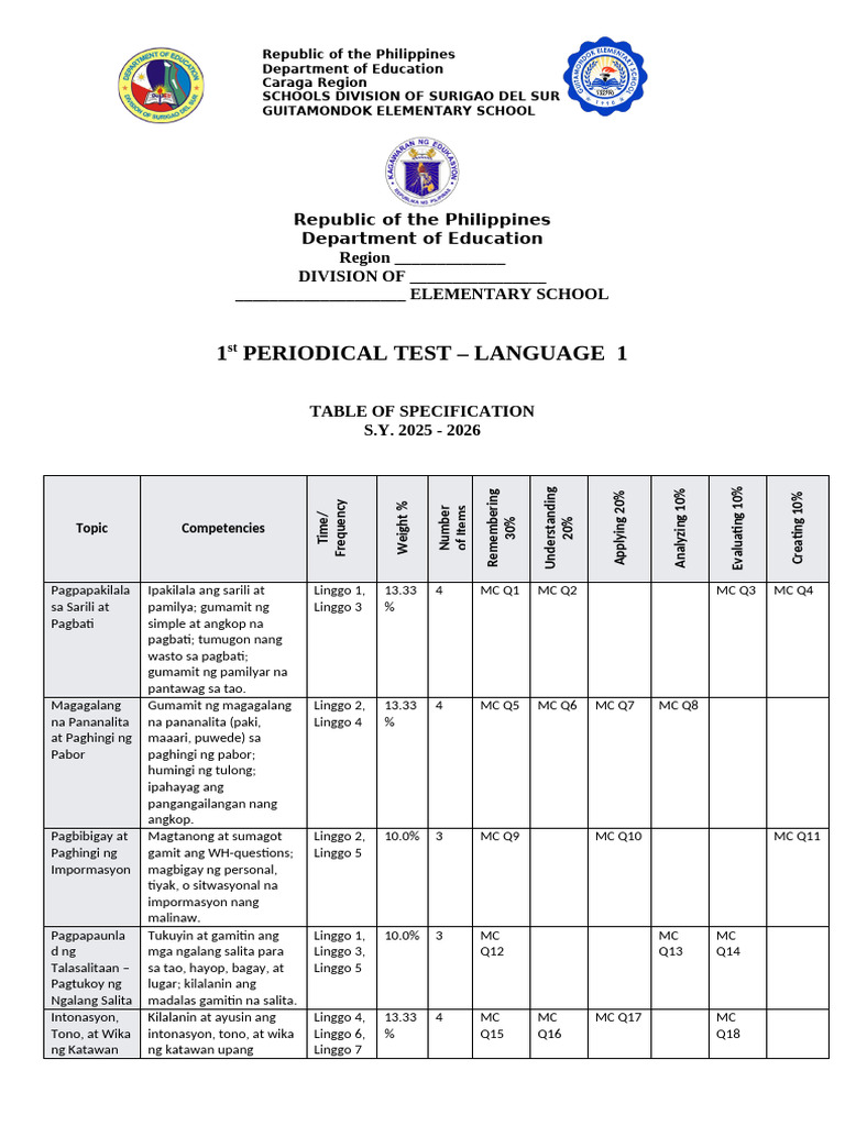 DTC PT Language 1 q1 Matatag With Key Tos | PDF
