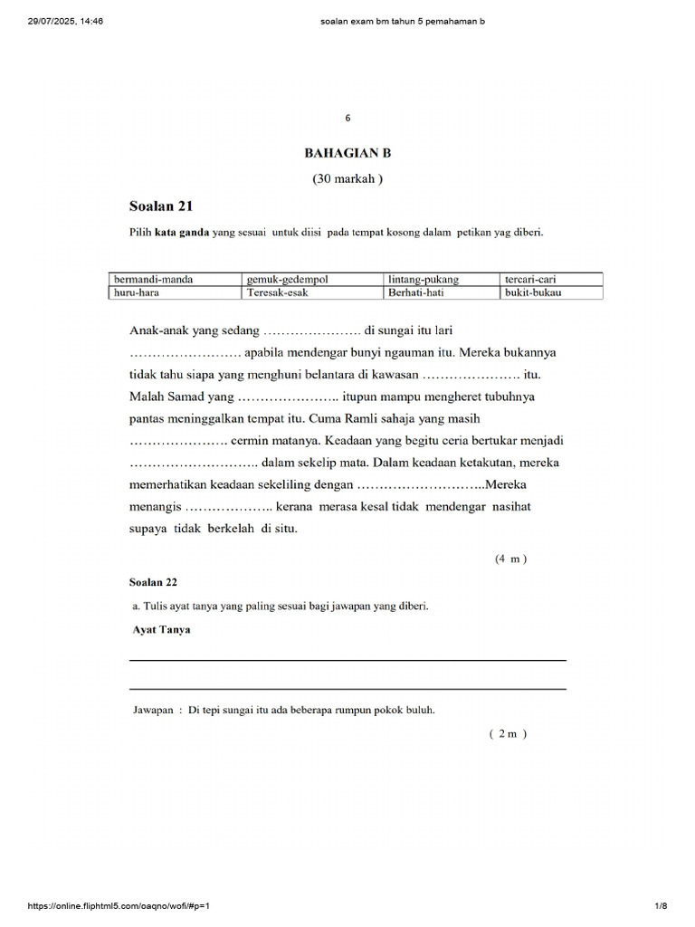 Soalan Exam BM Tahun 5 Pemahaman B | PDF