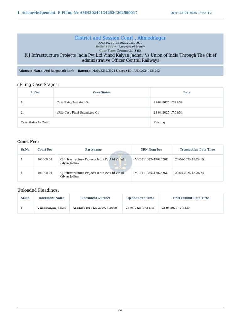 Acknowledgment(KJI vs. CR)_ 23-04-2025 | PDF