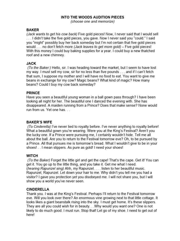 INTO The WOODS Audition Monologues | PDF | Rapunzel | Fairy Tales