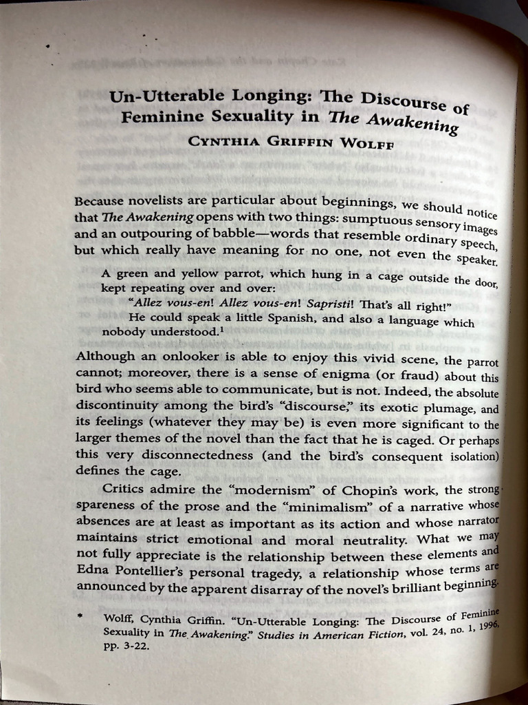 The Awakening by Kate Chopin Critical Essay - Cynthia Griffin Wolff's ...