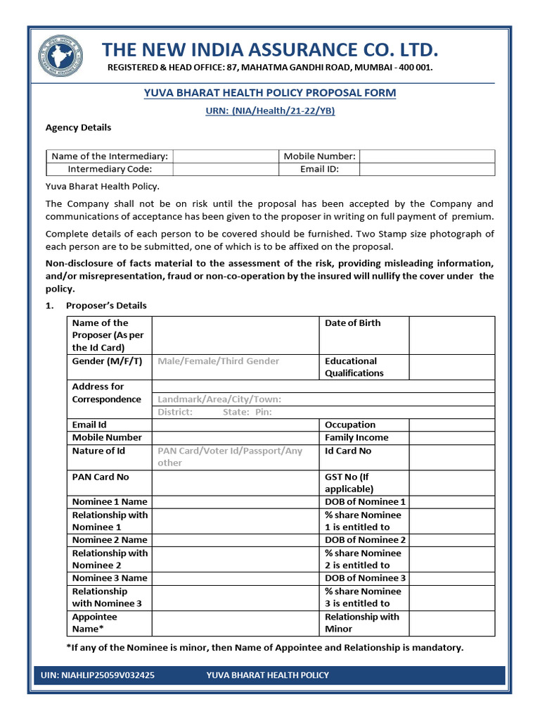 Yuva Bharat Health Policy Proposal Form | PDF | Insurance