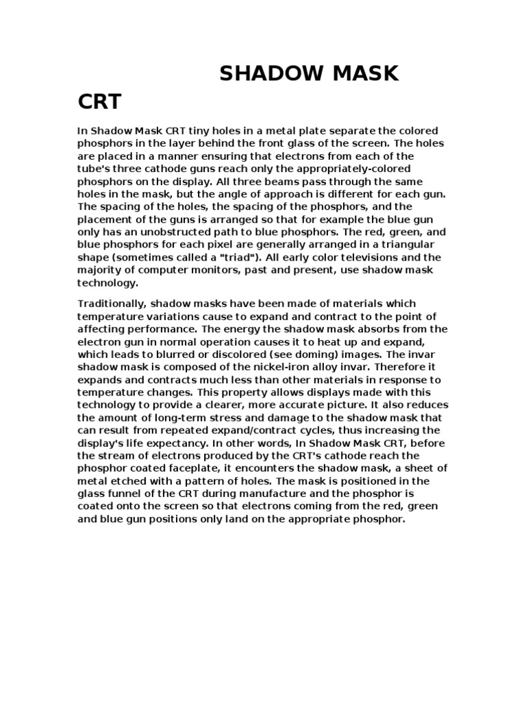 Shadow Mask CRT | PDF | Cathode Ray Tube | Electronics