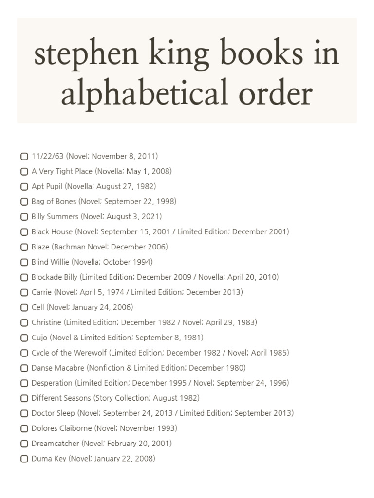 Stephen King Books in Alphabetical Order | PDF | The Dark Tower (Series ...