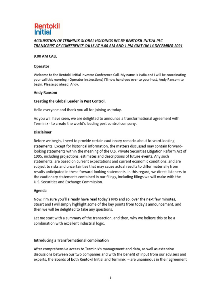 Acquisition of Terminix Conference Calls | PDF | Stocks | Mergers And ...