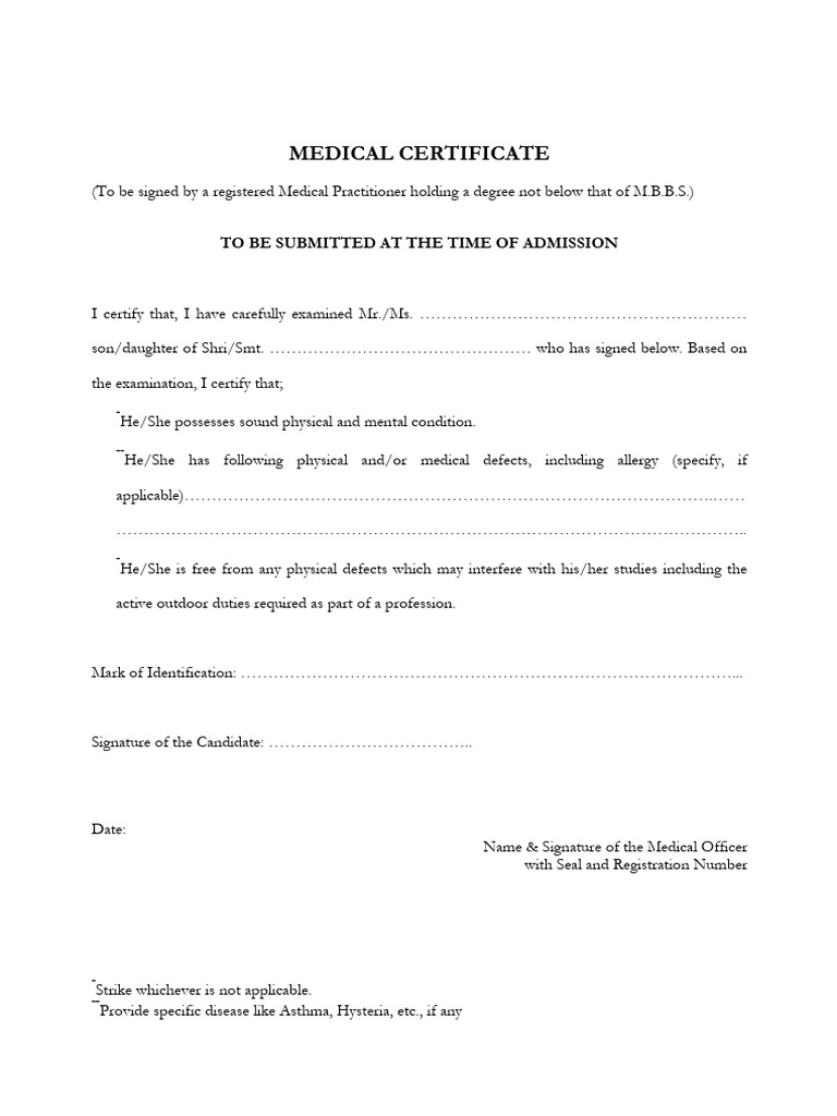 A Category Medical Certificate Template | PDF
