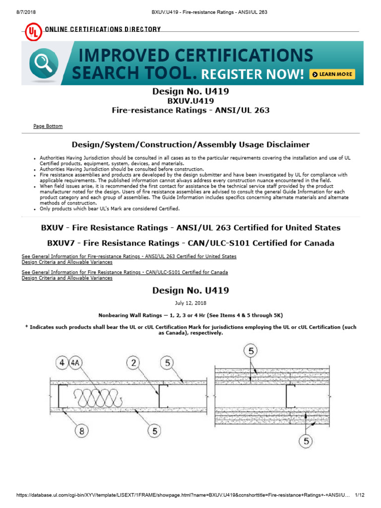 Fire-resistance Ratings U419 - ANSI/UL 263 | PDF | Drywall | Framing ...