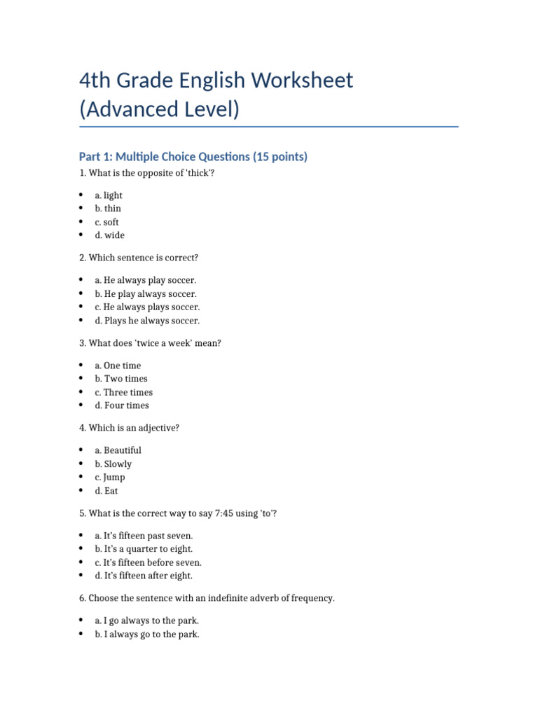 4th Grade Advanced English Worksheet | PDF