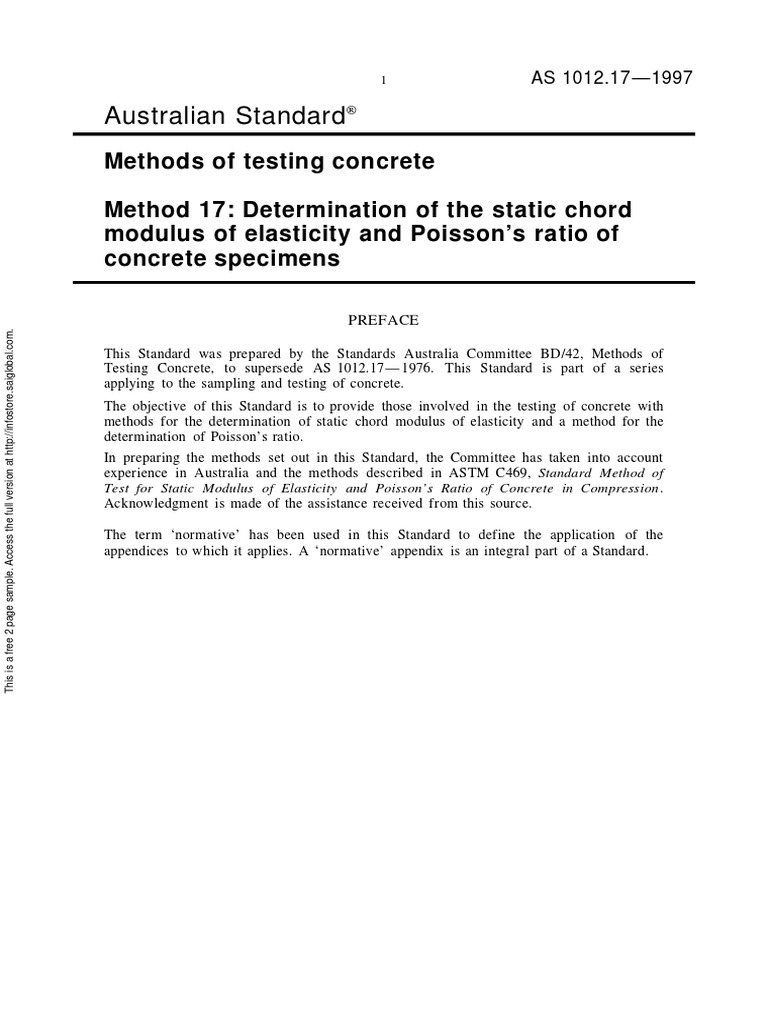 As 1012.17-1997 Methods of Testing Concrete Determination of The Static ...
