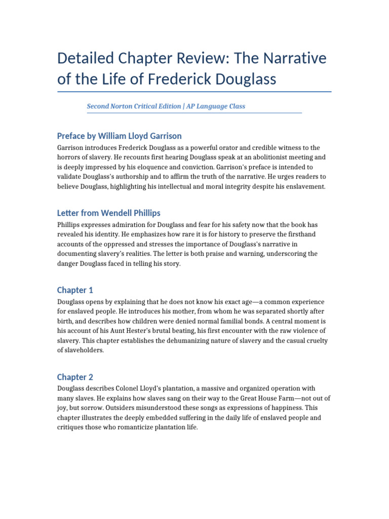 Detailed Frederick Douglass Chapter Summaries 2 | PDF | Frederick ...