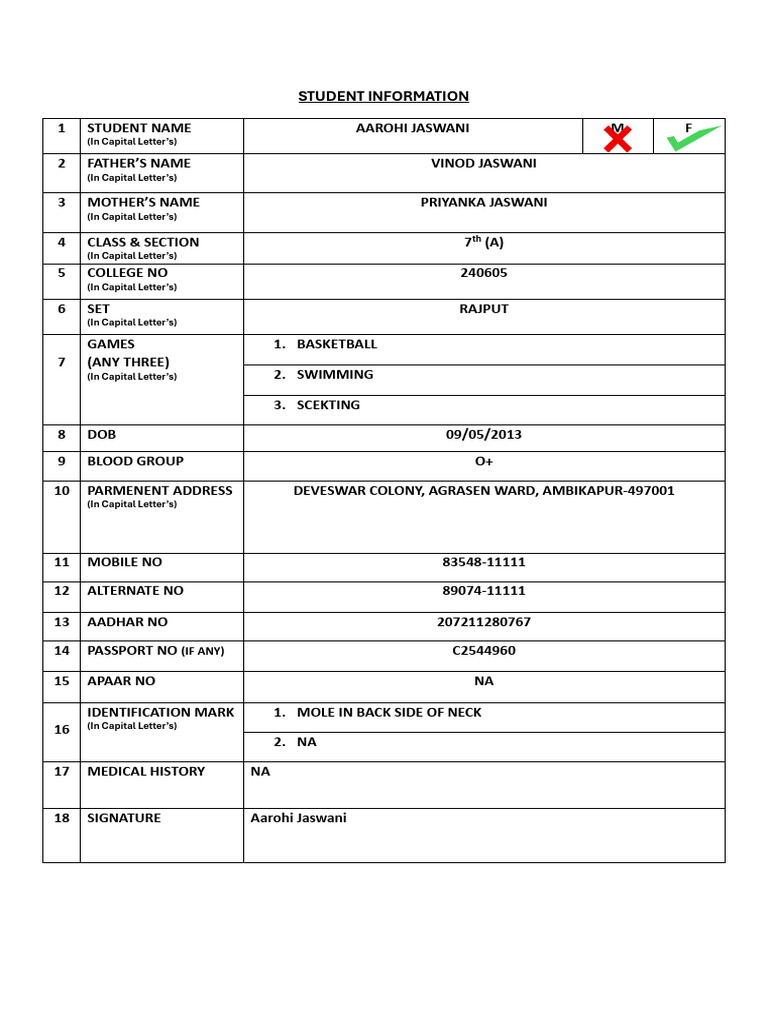 Student Information Form | PDF