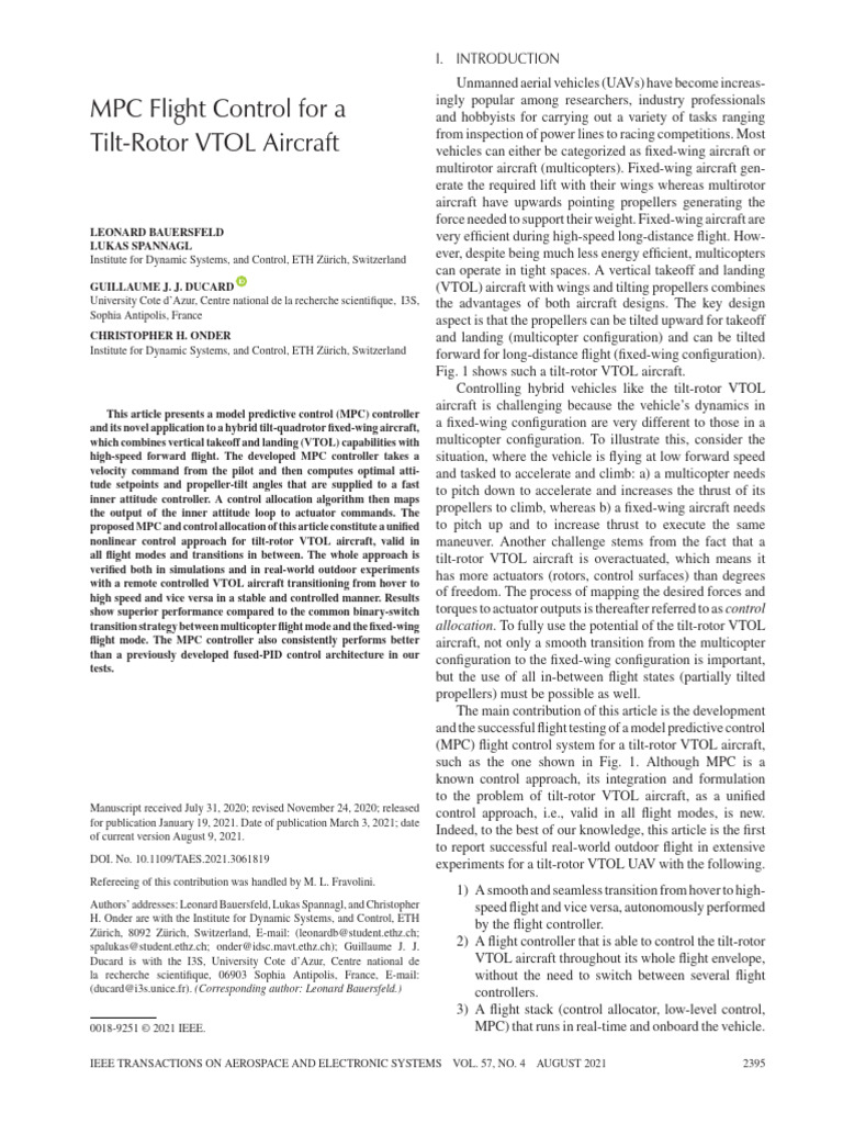 MPC Control for Tilt-Rotor VTOL Aircraft | PDF | Aircraft | Fixed Wing ...