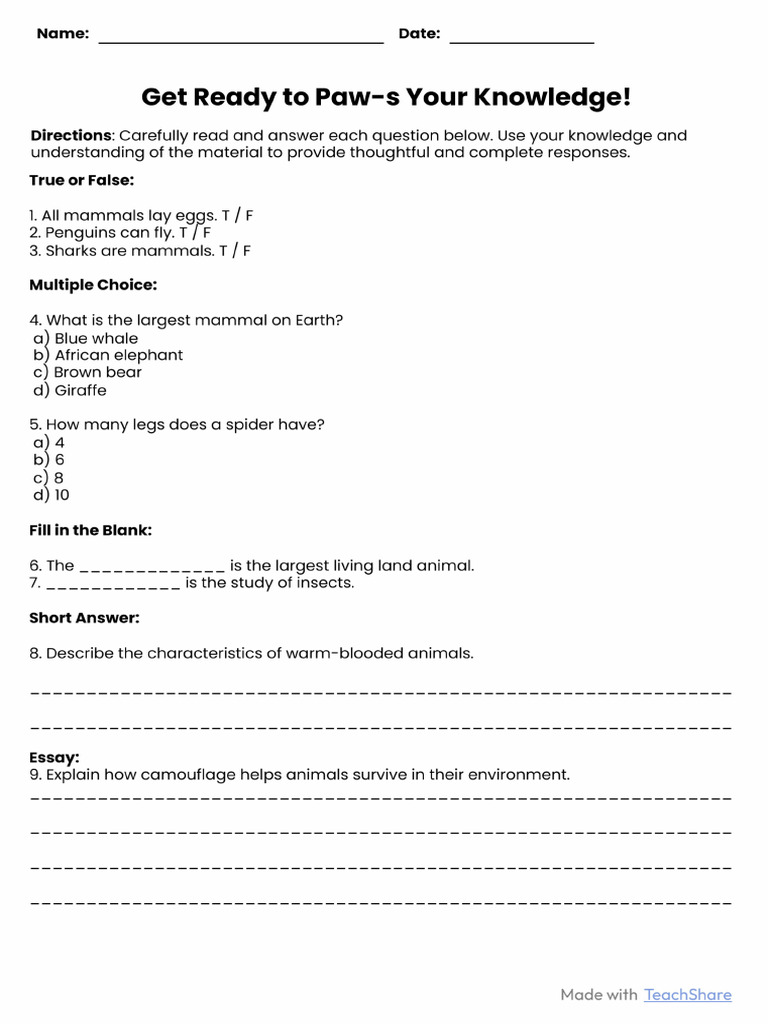 Animal Knowledge Assessment | PDF