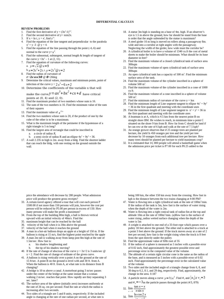 Differential Calculus Review Problems | PDF | Area | Sphere